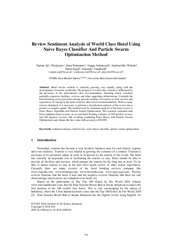Pdf Review Sentiment Analysis Of World Class Hotel Using Naive Bayes Classifier And Particle