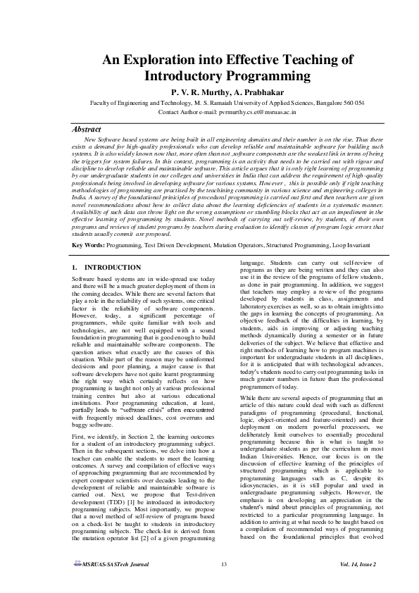 (PDF) An Exploration into Effective Teaching of Introductory Programming