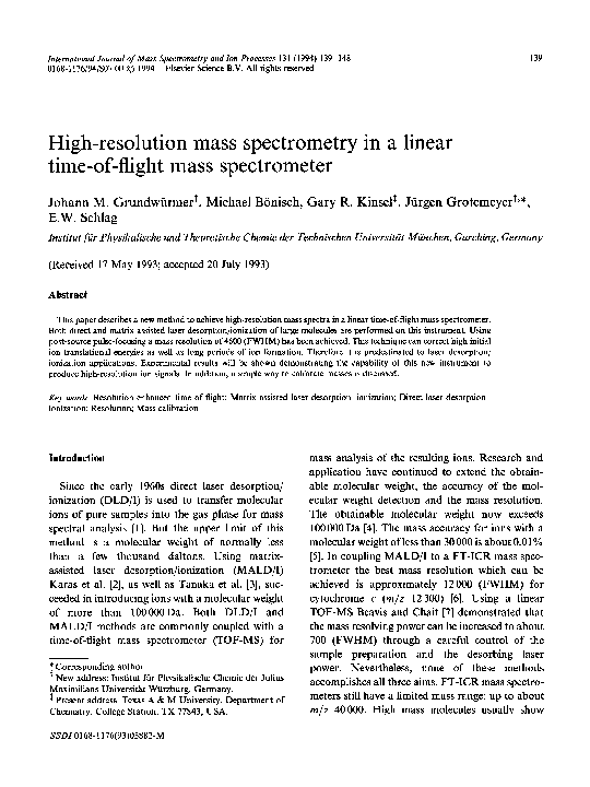 (PDF) High-resolution mass spectrometry in a linear time-of-flight mass spectrometer