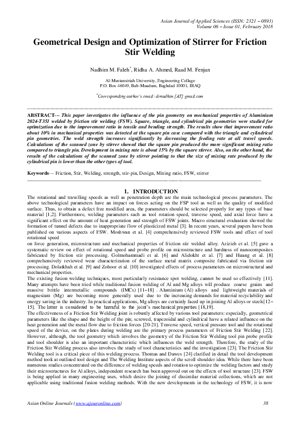 (PDF) Geometrical Design and Optimization of Stirrer for Friction Stir Welding