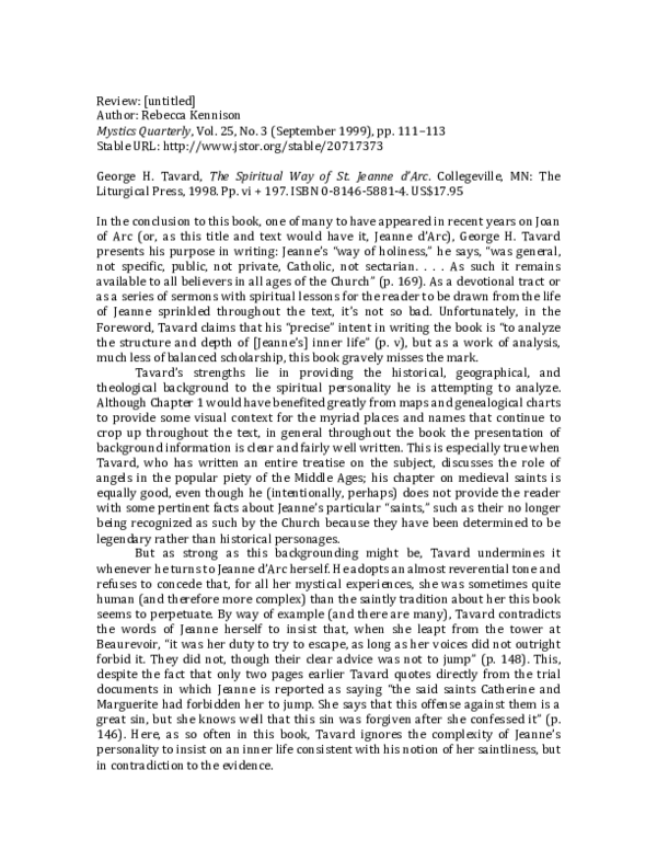 (PDF) Review of The Spiritual Way of St. Jeanne d'Arc, by George H. Tavard
