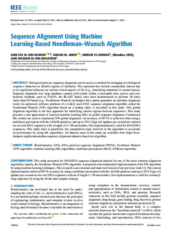 Pdf Sequence Alignment Using Machine Learning Based Needlemanwunsch Algorithm Hossam El Din 