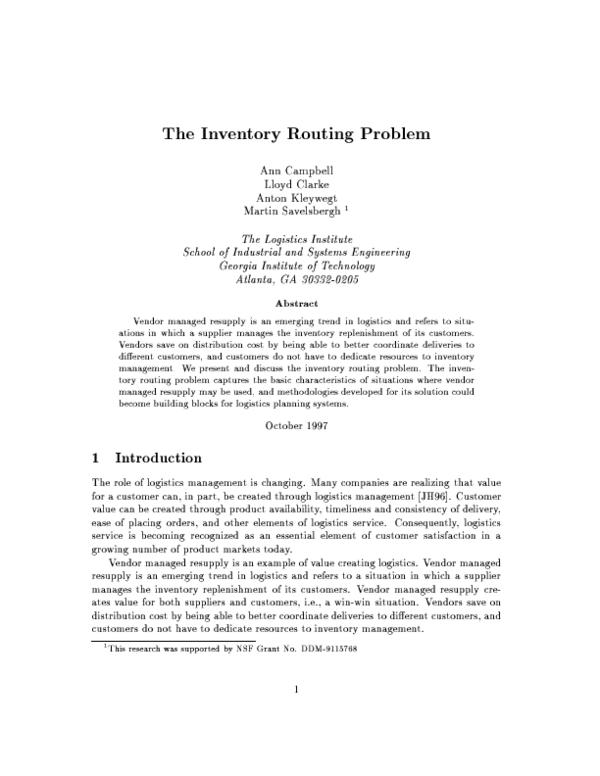 Pdf The Inventory Routing Problem