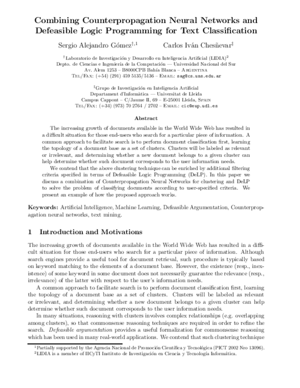 Pdf Combining Counterpropagation Neural Networks And Defeasible Logic Programming For Text