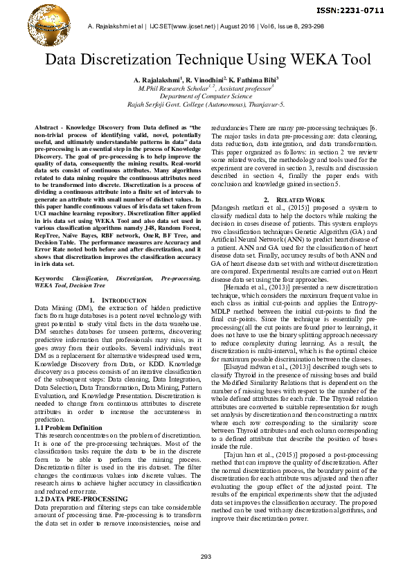 (PDF) Data Discretization Technique Using WEKA Tool | K. Fathima Bibi ... (PDF) Data Discretization Technique Using WEKA Tool | K. Fathima Bibi ...