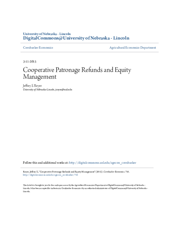 (PDF) Cooperative Patronage Refunds and Equity Management
