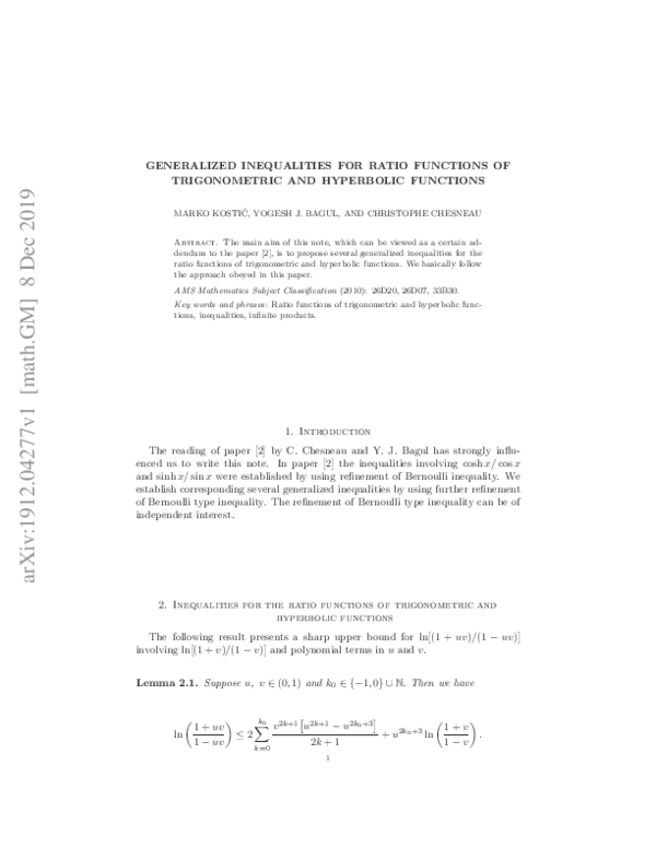 Pdf Generalized Inequalities For Ratio Functions Of Trigonometric And Hyperbolic Functions