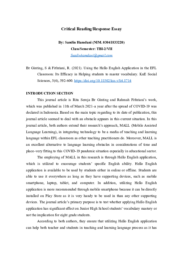 (DOC) Critical Reading/Response Essay