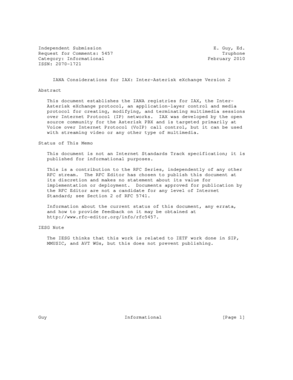 (PDF) IANA Considerations for IAX: Inter-Asterisk eXchange Version 2