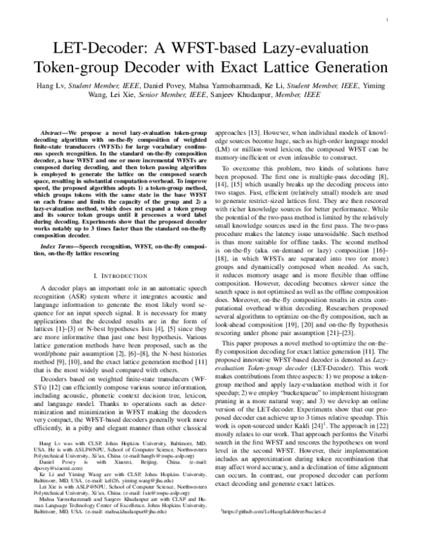 (PDF) LET-Decoder: A WFST-Based Lazy-Evaluation Token-Group Decoder With Exact Lattice Generation