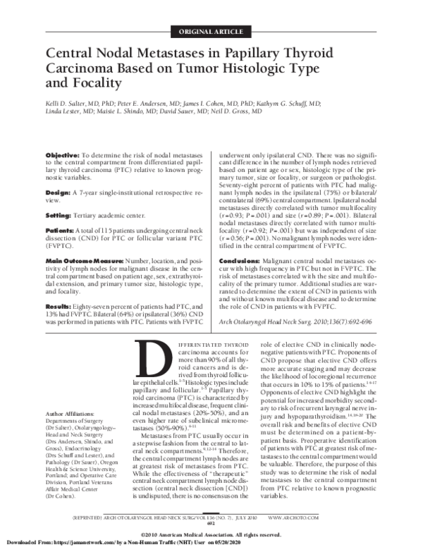 (PDF) Central Nodal Metastases in Papillary Thyroid Carcinoma Based on ...