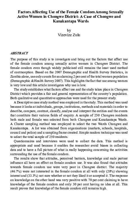 (PDF) Factors Affecting Use of the Female Condom Among Sexually Active Women in Chongwe District ...