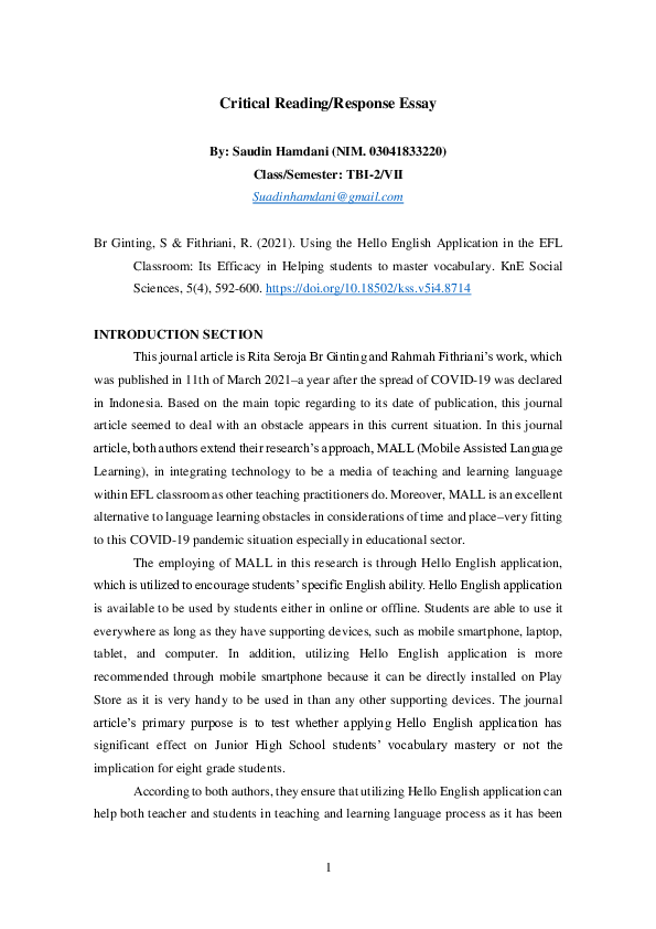 (PDF) Critical Reading/Response Essay