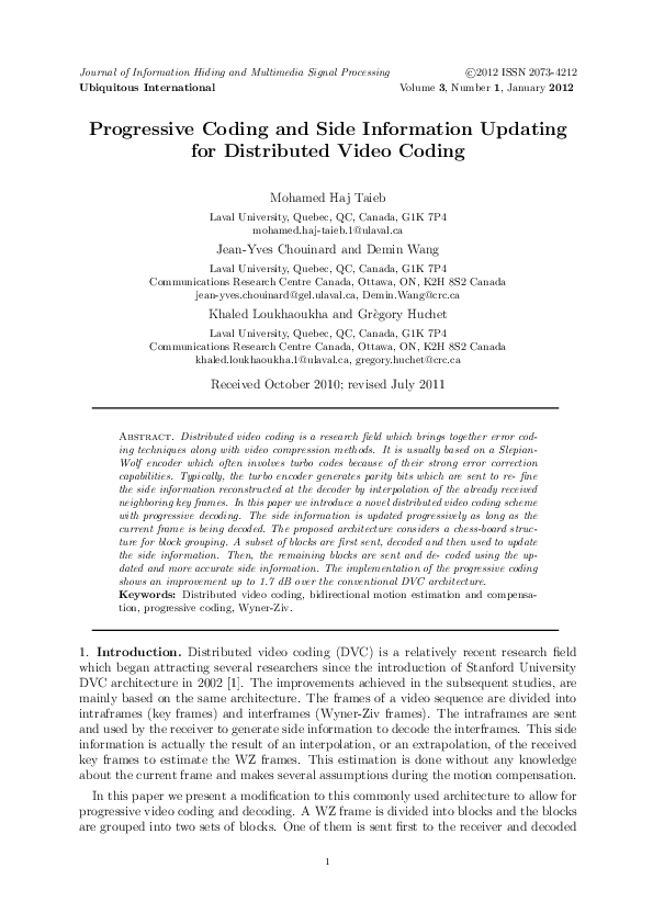(PDF) Progressive Coding and Side Information Updating for Distributed Video Coding