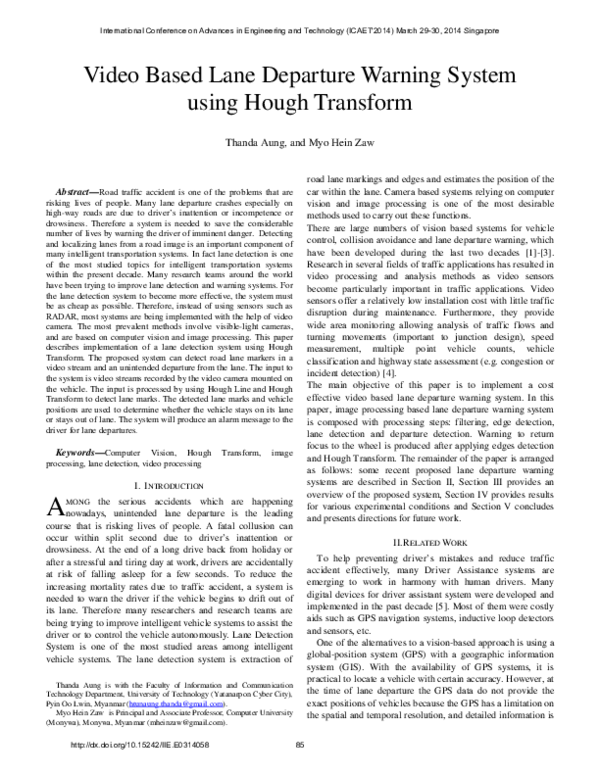 (PDF) Video Based Lane Departure Warning System using Hough Transform