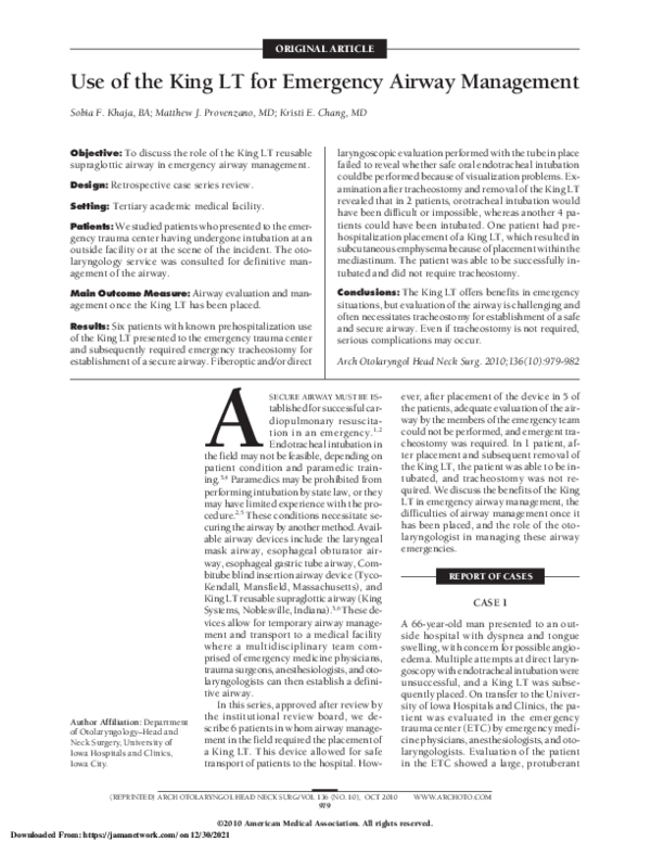 (PDF) Use of the King LT for Emergency Airway Management