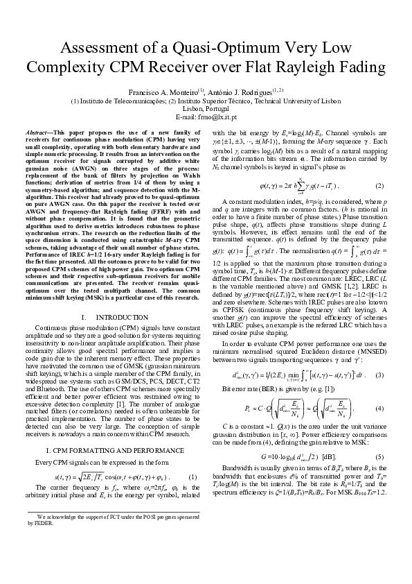 (PDF) Assessment of a quasi-optimum very low complexity CPM receiver over flat rayleigh fading