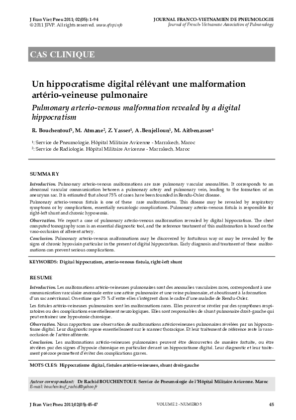 (PDF) Un hippocratisme digital rélévant une malformation artério ...