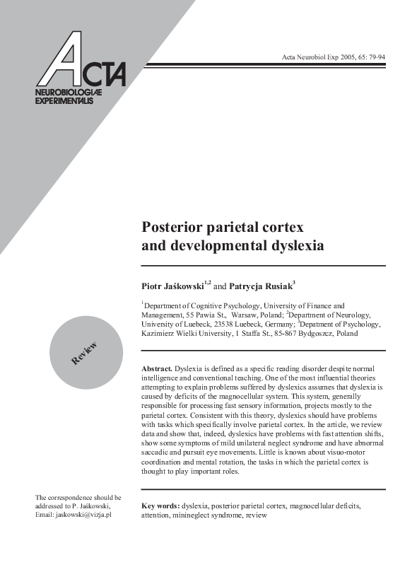 (PDF) Posterior parietal cortex and developmental dyslexia