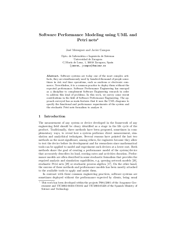 (PDF) Software performance modeling using uml and petri nets