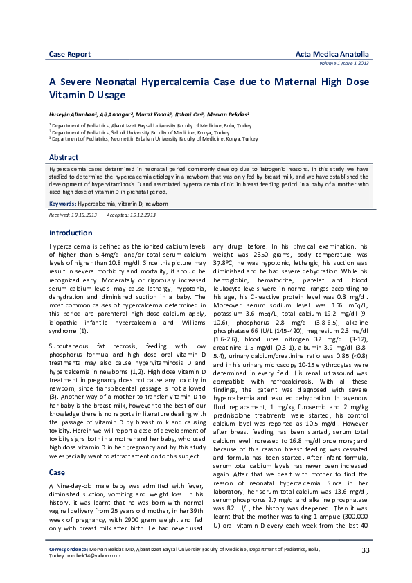 (PDF) A Severe Neonatal Hypercalcemia Case Due To Maternal High Dose ...
