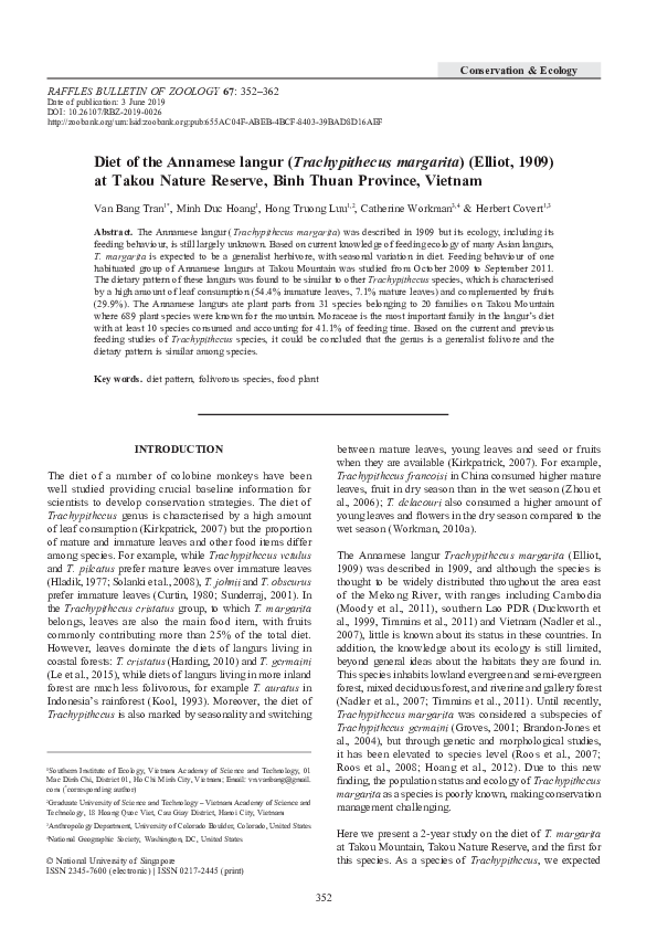 (PDF) Diet of the Annamese langur ( Trachypithecus margarita ) ( Elliot ...
