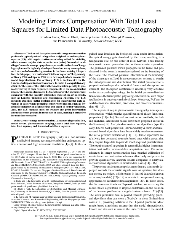 (PDF) Modeling Errors Compensation With Total Least Squares for Limited Data Photoacoustic ...