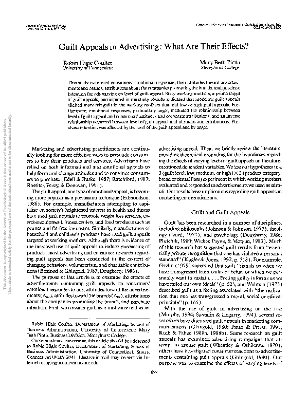 (PDF) Guilt appeals in advertising: What are their effects?