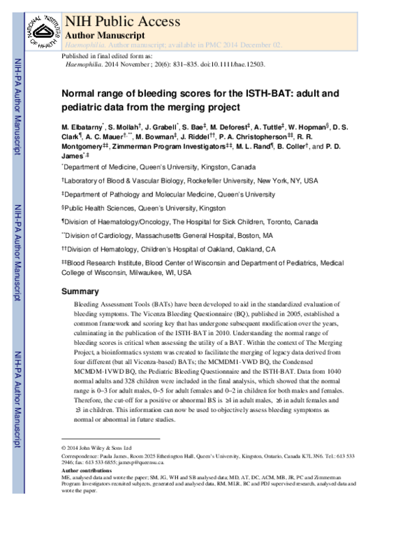 (PDF) Normal range of bleeding scores for the ISTH-BAT: adult and ...