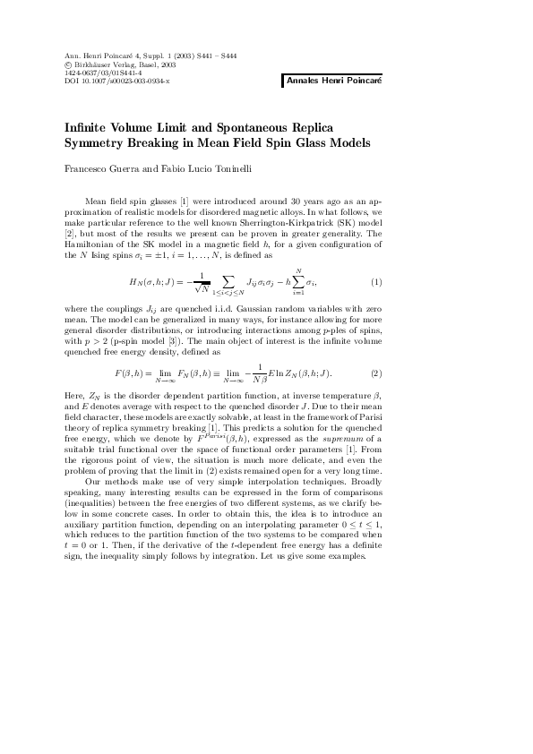 (PDF) Infinite Volume Limit and Spontaneous Replica Symmetry Breaking in Mean Field Spin Glass ...