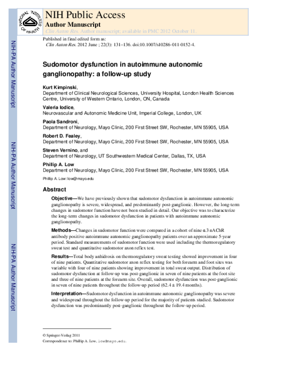 (PDF) Sudomotor dysfunction in autoimmune autonomic ganglionopathy: a ...