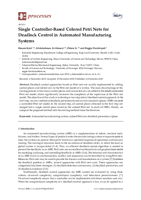 (PDF) Single Controller-Based Colored Petri Nets for Deadlock Control in Automated Manufacturing ...