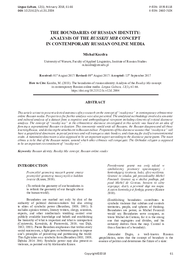 (PDF) The Boundaries of Russian Identity : Analysis of the Russkiy Mir ...