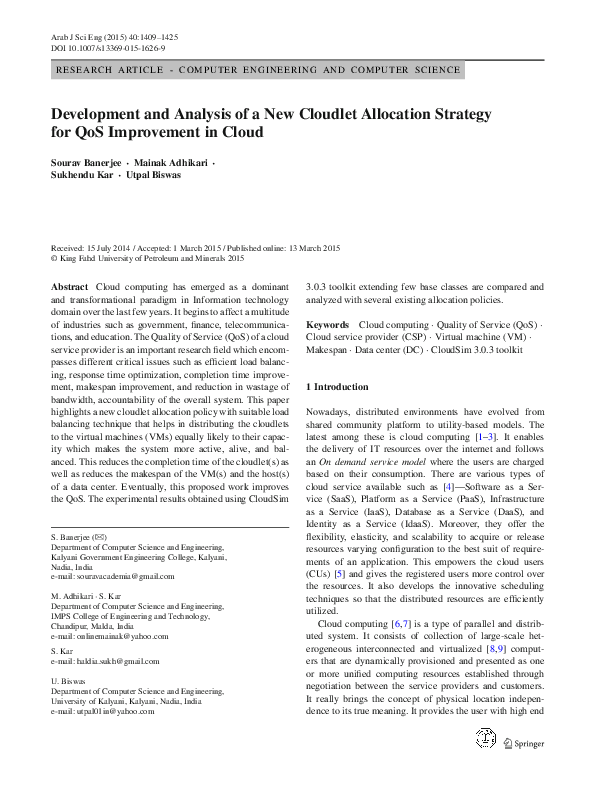 Pdf Development And Analysis Of A New Cloudlet Allocation Strategy For Qos Improvement In Cloud