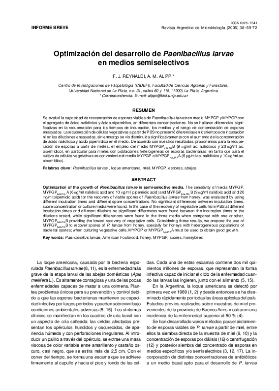 (PDF) Optimización del desarrollo de Paenibacillus larvae en medios ...