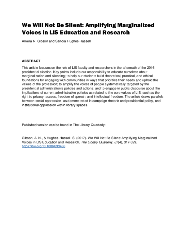 (PDF) We Will Not Be Silent: Amplifying Marginalized Voices in LIS ...