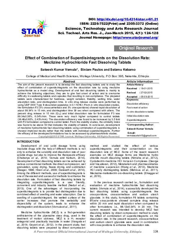 Pdf Effect Of Combination Of Superdisintegrants On The Dissolution Rate Meclizine