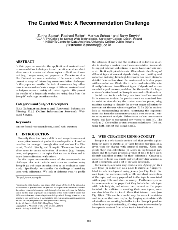 (PDF) Content-Based Recommendations for Web Curation Services