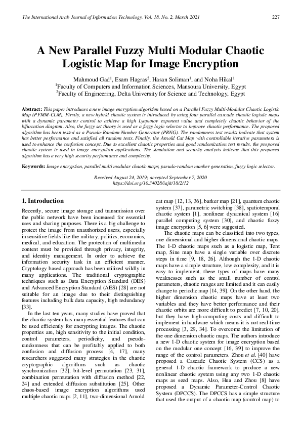 Pdf A New Parallel Fuzzy Multi Modular Chaotic Logistic Map For Image Encryption Noha Hikal