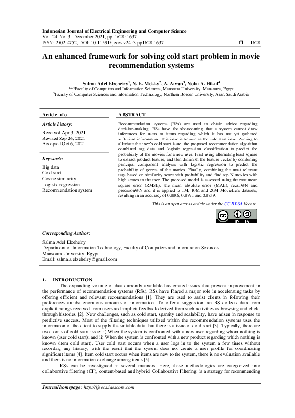 (PDF) An enhanced framework for solving cold start problem in movie recommendation systems
