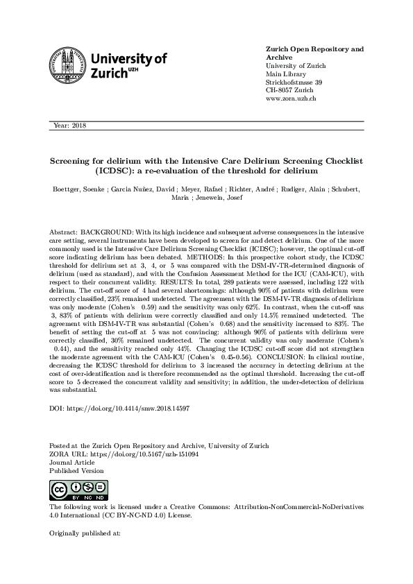 (PDF) Screening for delirium with the Intensive Care Delirium Screening ...