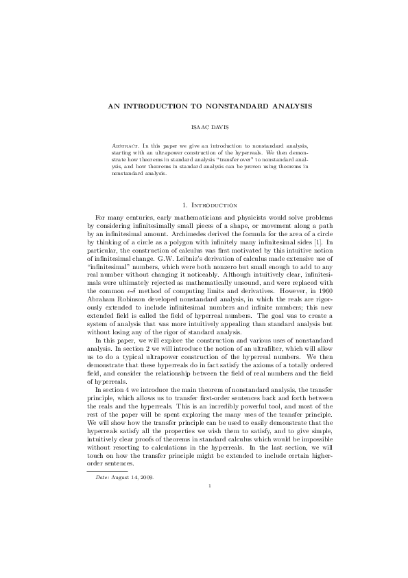 (PDF) An Introduction to Nonstandard Analysis