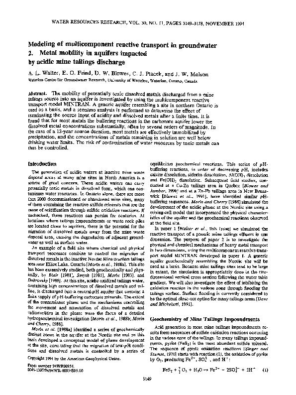 (PDF) Modeling of multicomponent reactive transport in groundwater: 1 ...