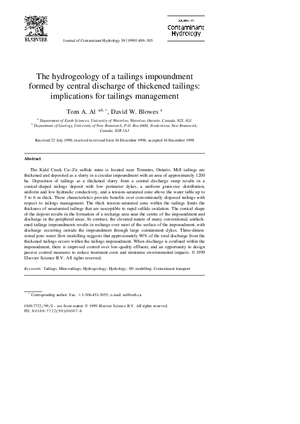 (PDF) The hydrogeology of a tailings impoundment formed by central ...