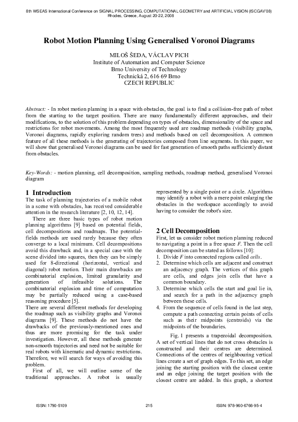 (PDF) Robot motion planning using generalised voronoi diagrams