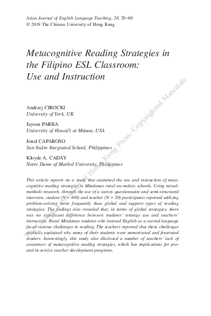 (PDF) Metacognitive Reading Strategies in the Filipino ESL Classroom ...