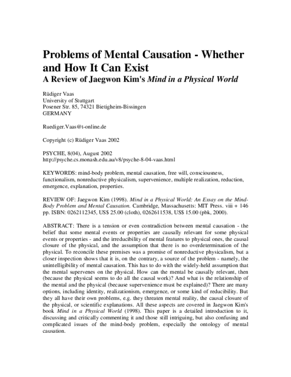 (PDF) Psyche 8(04): 'Problems of Mental Causation