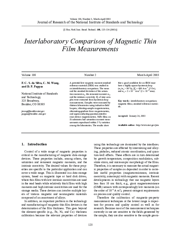 (PDF) Interlaboratory comparison of magnetic thin film measurements