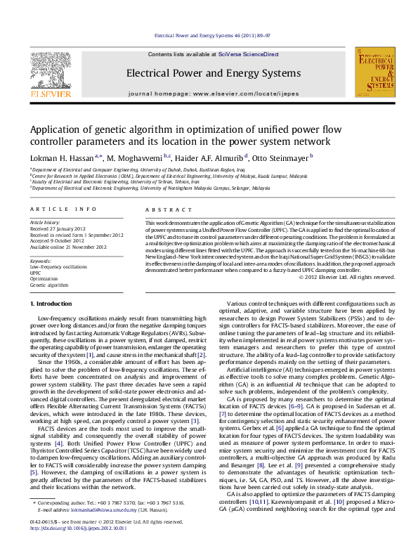 (PDF) Application of genetic algorithm in optimization of unified power flow controller ...