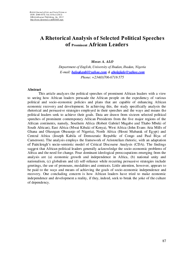 (PDF) A Rhetorical Analysis of Selected Political Speeches of Prominent ...
